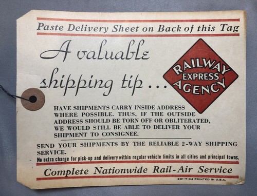 1944 RAILWAY EXPRESS AGENCY Large SHIPPING TAG Railroad Freight Train ...
