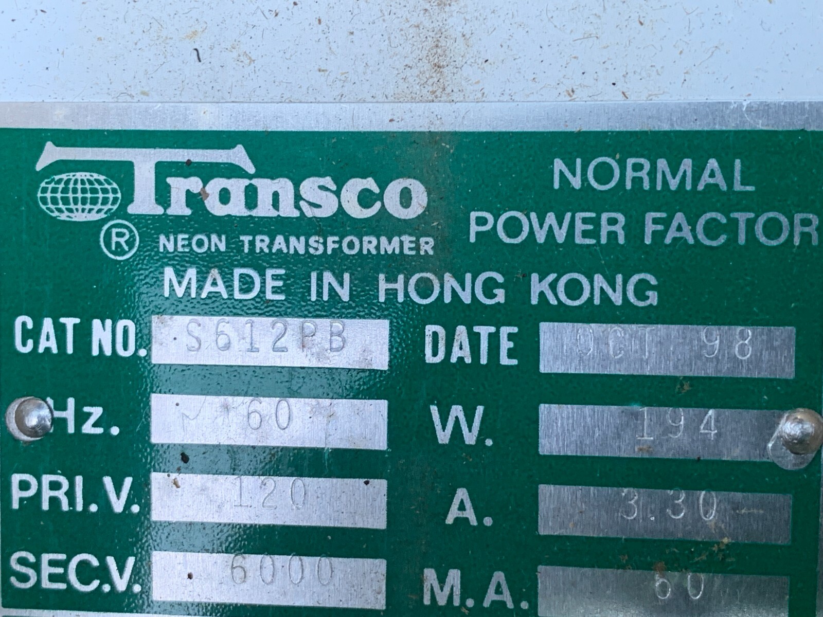 Transco Neon Transformer S612PB - 6,000V, 60MA, 120VAC Primary | eBay