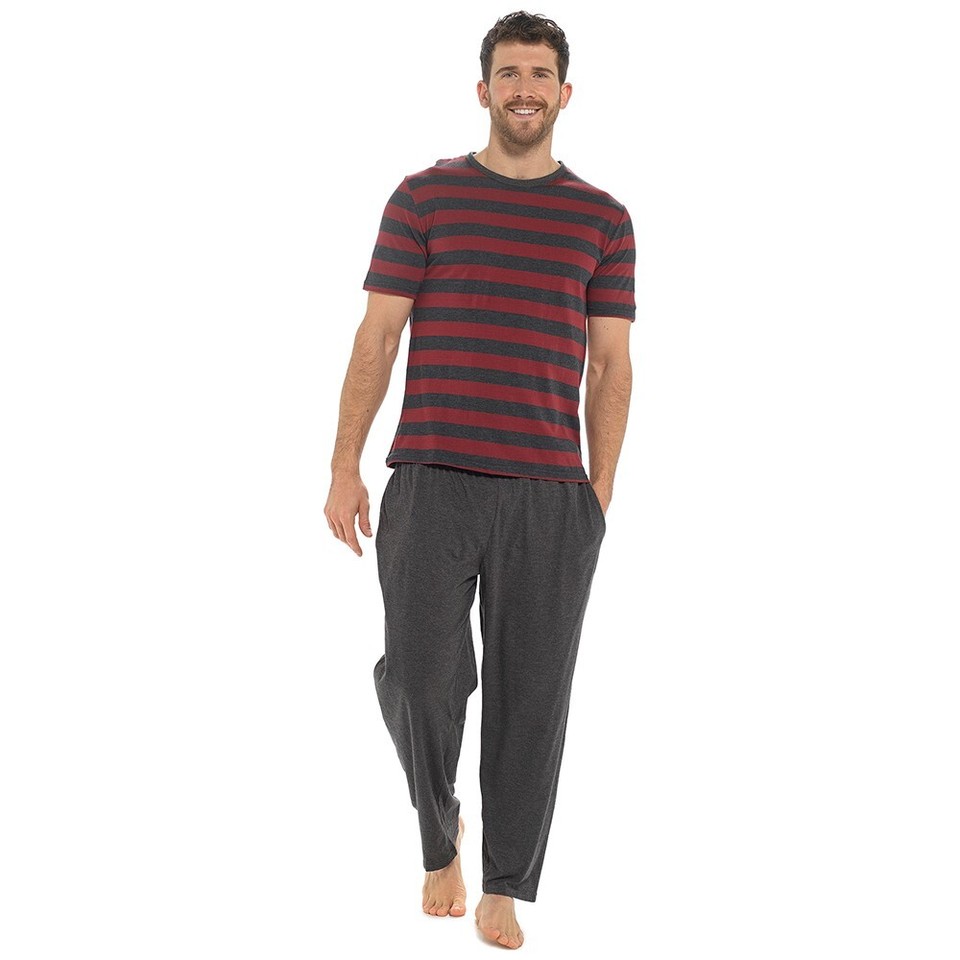 Mens Jersey Striped Tee Bottoms PJ Set Pyjamas Lounge-wear Cotton ...