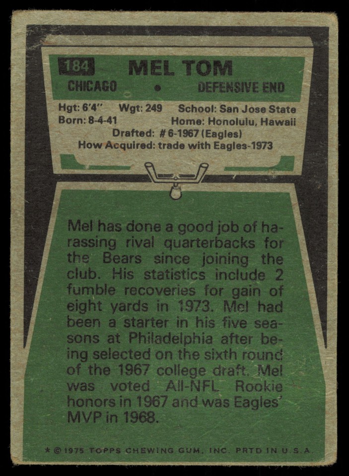 1975 Topps #184 Mel Tom Chicago Bears | eBay