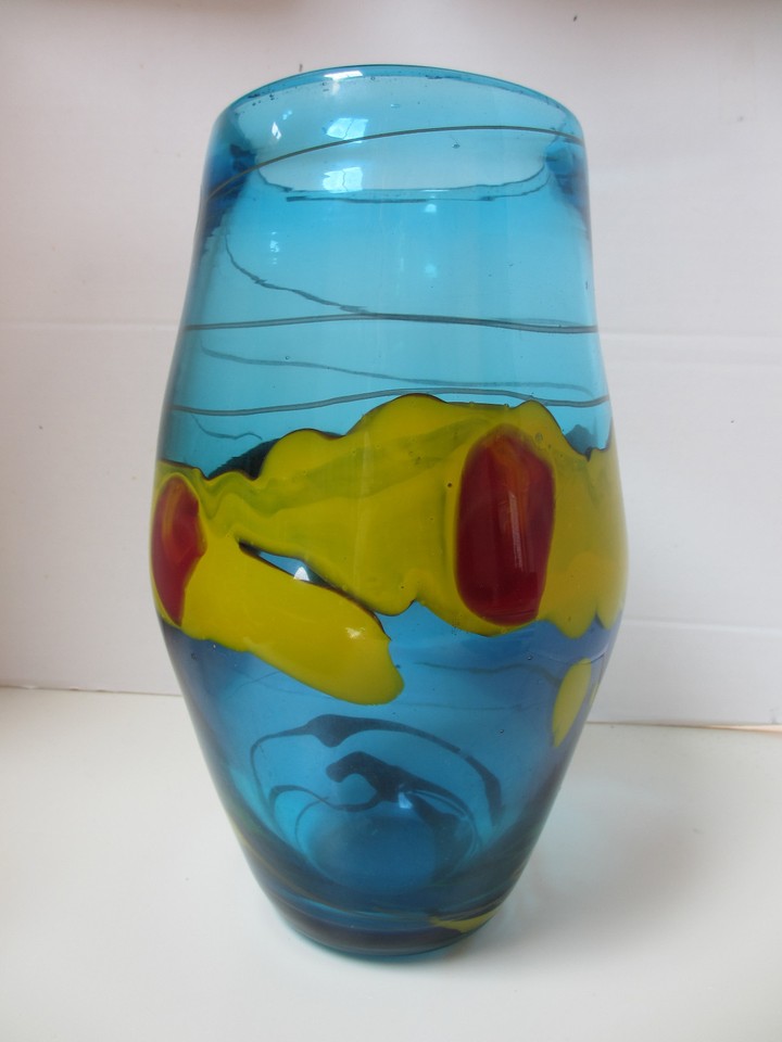 Viz Art Glass.Tall 12" Handblown Glass Vase Blue, Reds, Gold! | eBay