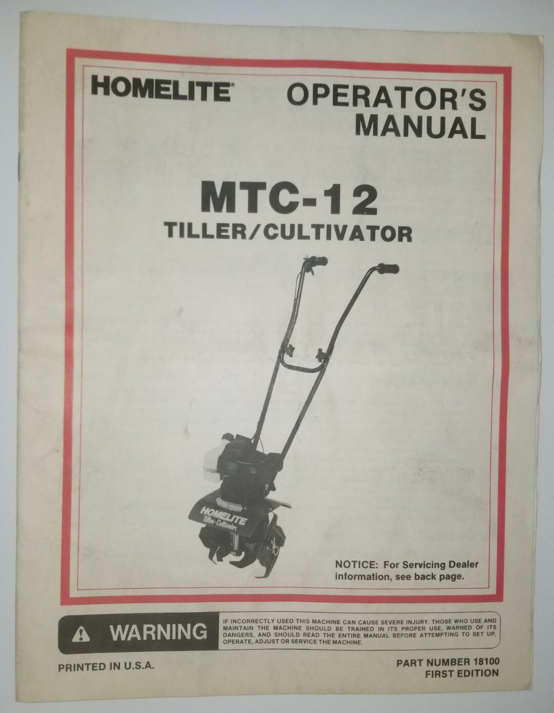 Homelite Tiller/Cultivator Operator's Manual 18100; MTC-12 | eBay