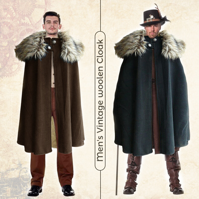 Men Medieval Renaissance Pirate Coat Cloak Fur Collar Cape Retro ...