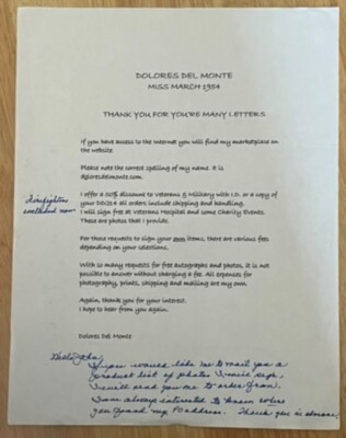 DOLORES DEL MONTE, 100% AUTHENTIC, HAND-WRITTEN LETTER, PLAYBOY ...