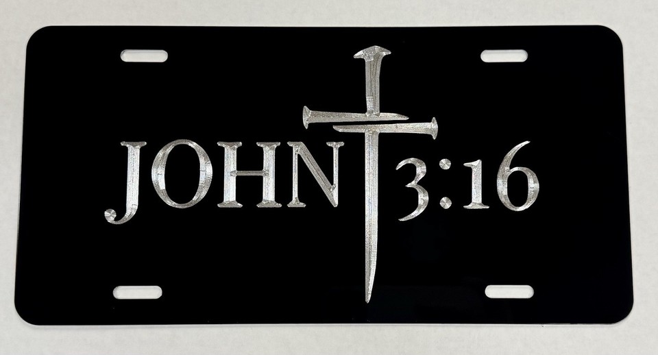 John 3:16 Cross Christian Car Tag Diamond Etched Engraved Front License ...