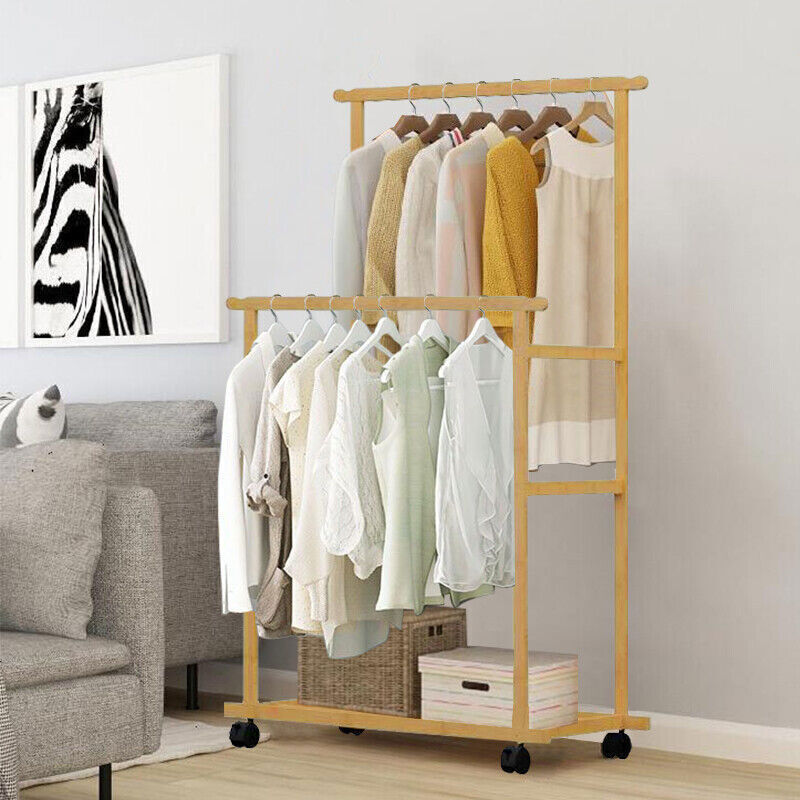Heavy Duty Double Clothes Rail Wooden Garment Stand Hanging Rack w ...