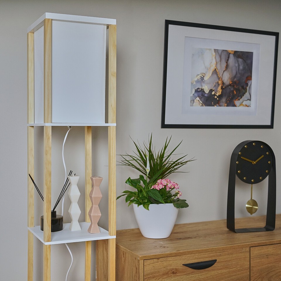 Floor Lamp Shelves Standard Shelf Storage Wooden Standing Living Room ...