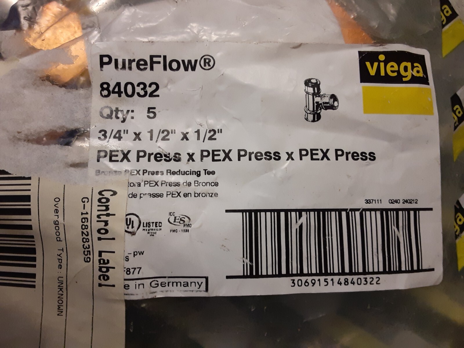 Viega PureFlow 84032 3/4"x1/2"x1/2" PEX Press 5 Pack Bag for sale ...