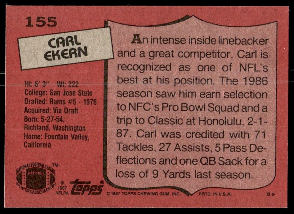 1987 Topps Carl Ekern Rookie G34 Los Angeles Rams #155 | eBay