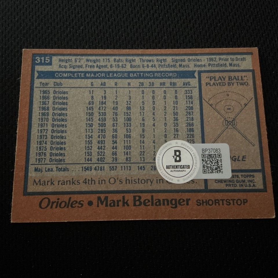 Autographed 1978 Topps MARK BELANGER deceased 1998 BECKETT ...