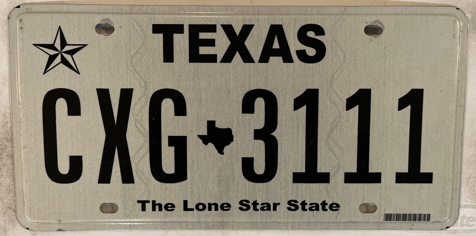 Texan Lone Star State TRIPLE DIGIT 1 111 license plate repeating CXG ...