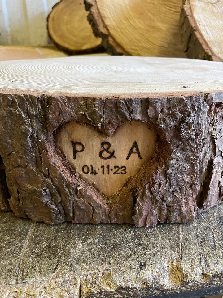 Wooden log cake stand with personalised option, rustic wedding cake log ...