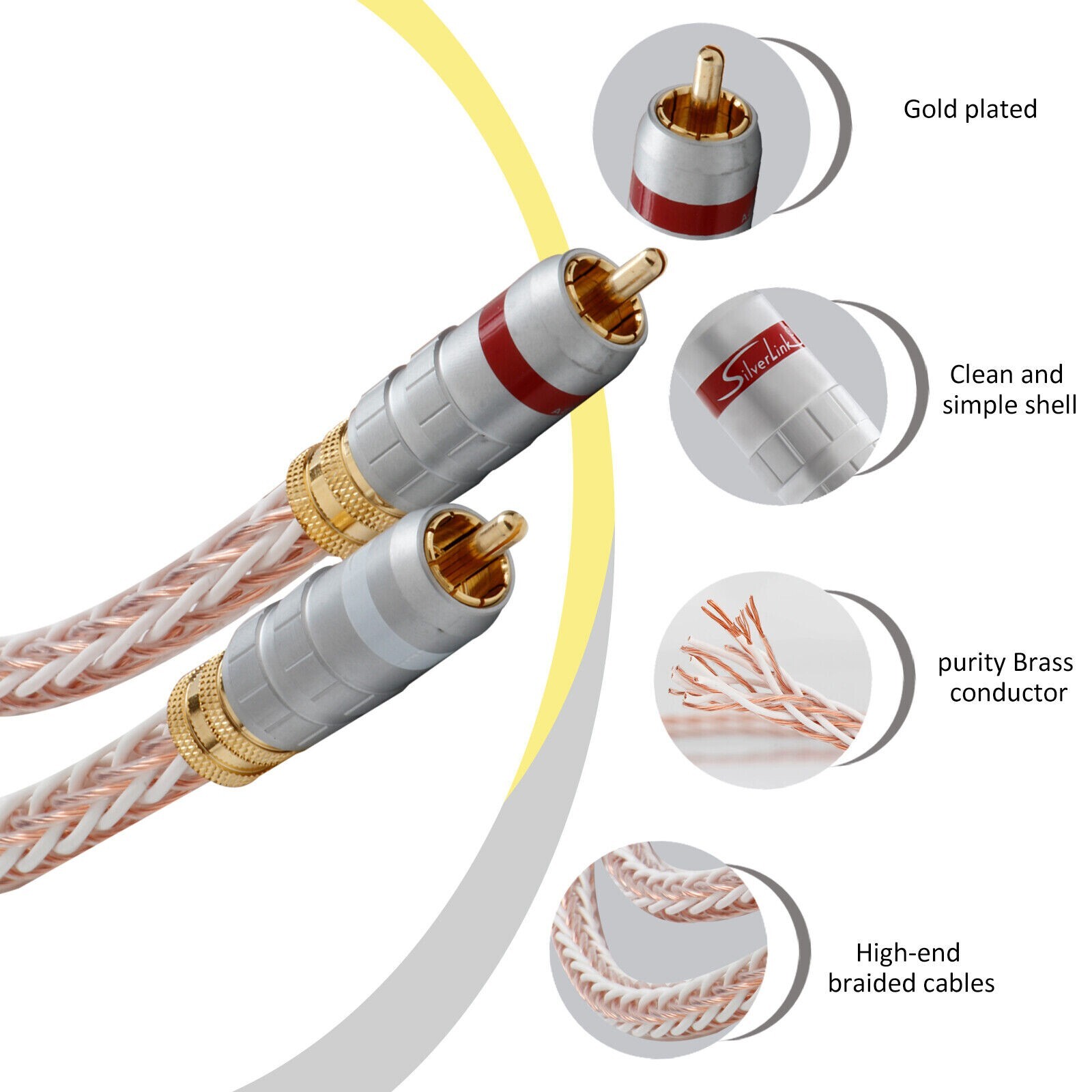 Pair 8TC 7N OCC Pure Copper RCA Cable Gold Plated Plug Interconnect ...