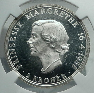 1958 DENMARK Frederick IX Princess Margrethe Genuine Silver 2 Kr Coin ...