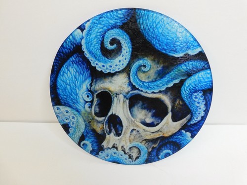 Glass Trivet Skull & Octopus Tenacles 8” Round 4 Pads Halloween Hot Pad ...