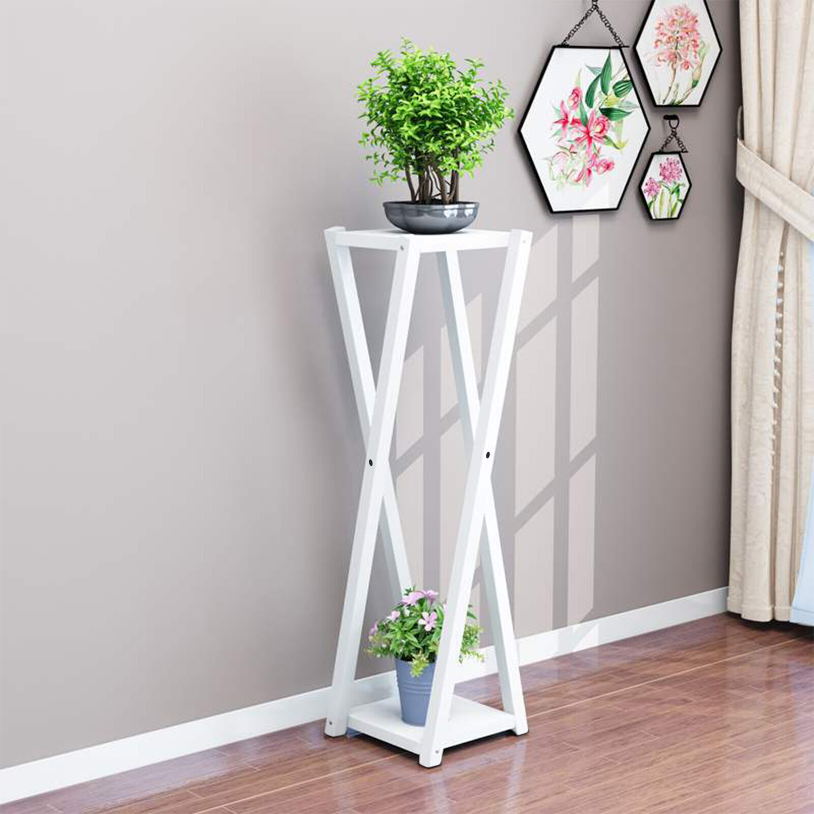 2-Tier Metal Flower Rack Plant Stand Wood Shelves Rack Bonsai Display ...