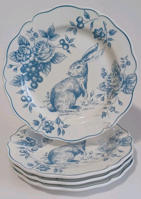 4 Maxcera Blue Toile Bunny Rabbit 11.5" Dinner Plates Scalloped Easter ...