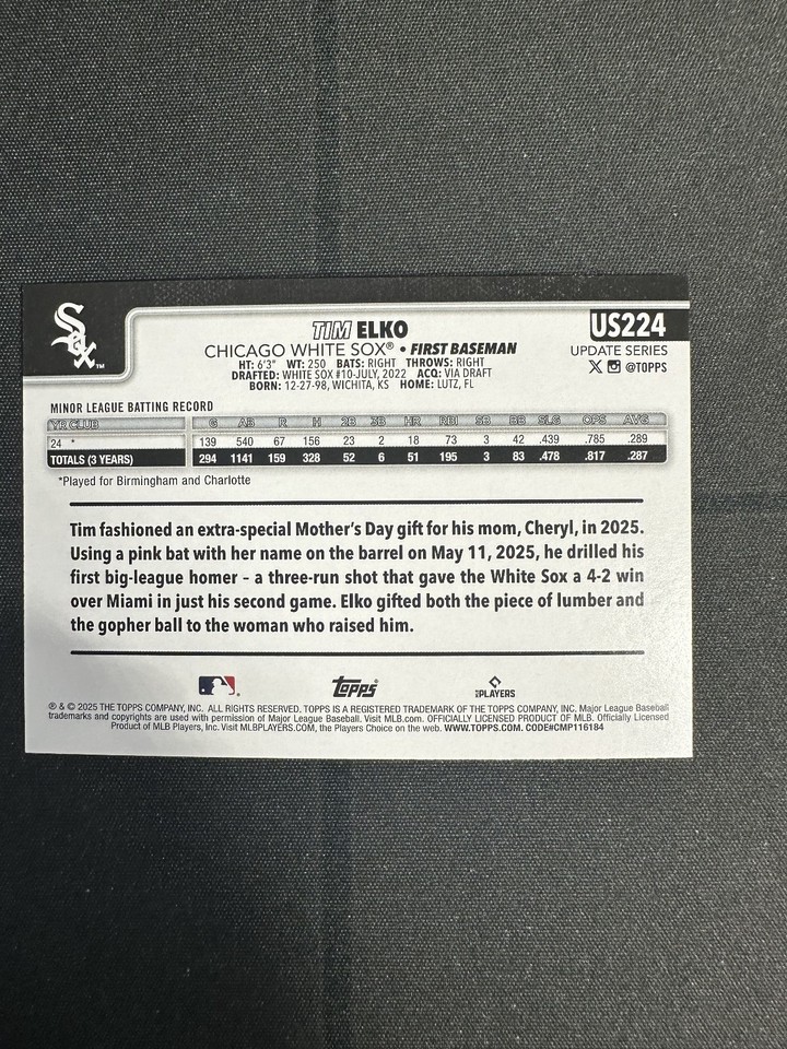 2025 Topps Update Tim Elko Silver Foil RC #US224 /150 Chicago White Sox ...