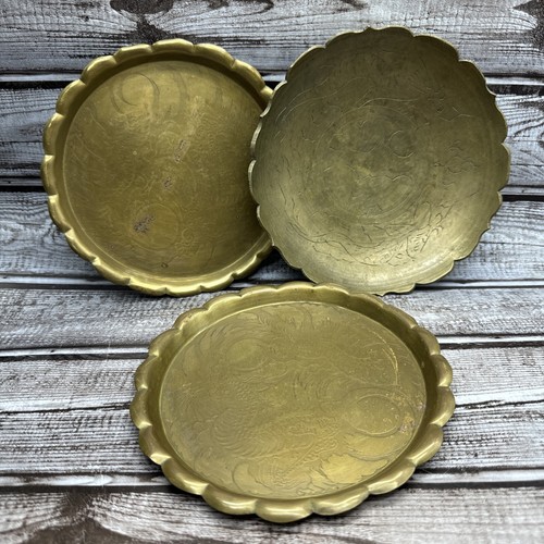 Vintage 3 Chinese Bronze Plates Engraved Good Luck Dragon Scalloped | eBay