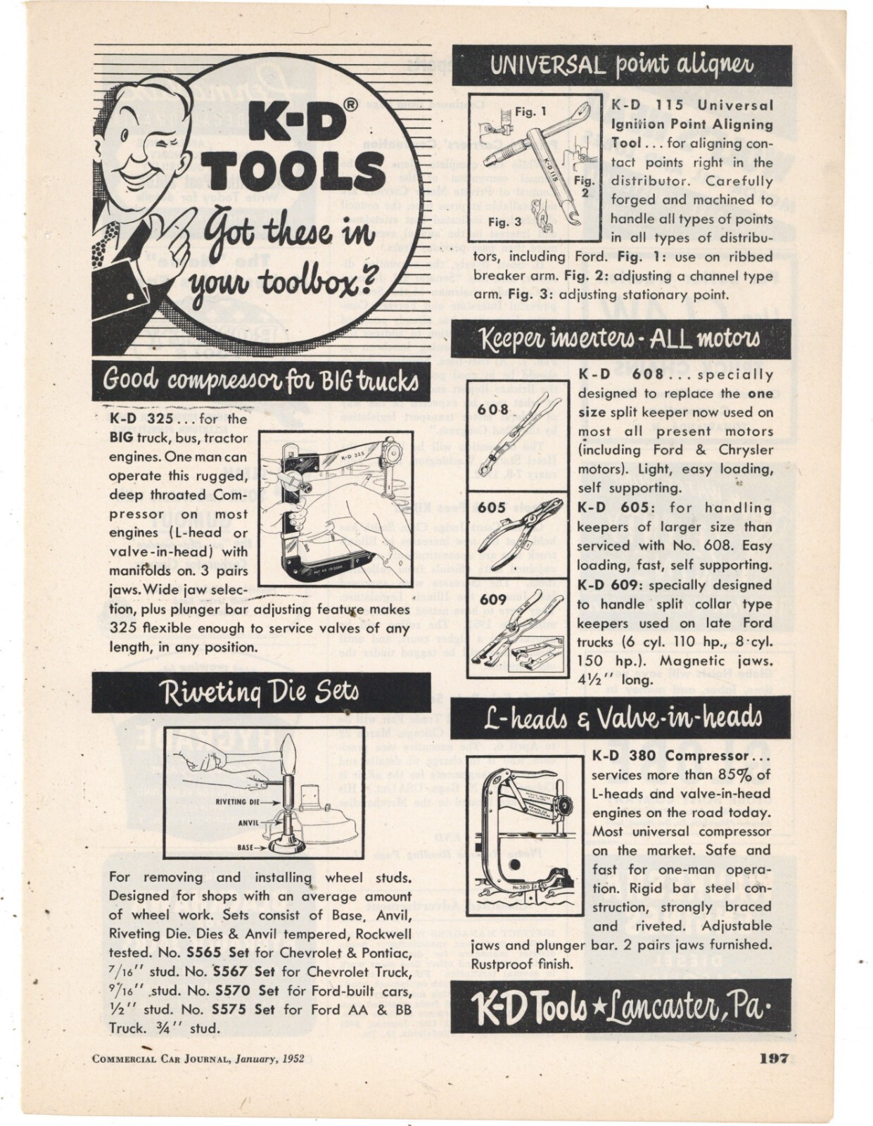 1952 K-D KD Tools Ad: Models 325, 380 Compressor, 608, 605 Keeper ...