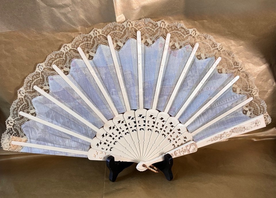Vintage Hand Fan Puerto Rico El Morro Fort Cream Lace Decorative Travel ...