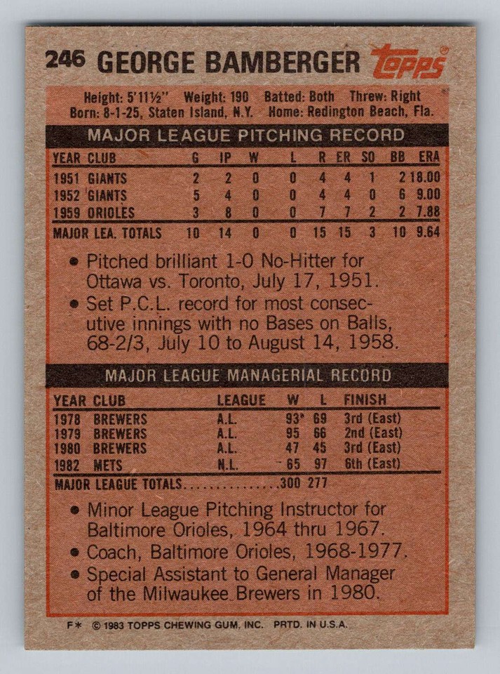 1983 Topps #246 George Bamberger Mets | eBay