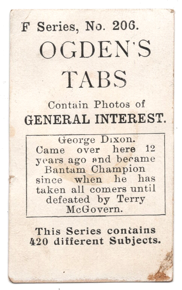 George Dixon Boxer Tobacco Card 1902 First Black Athlete World Champion ...