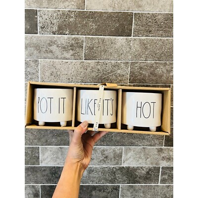 Rae Dunn POT IT LIKE IT ITS HOT Planter set Plant Holder Ceramic Little ...