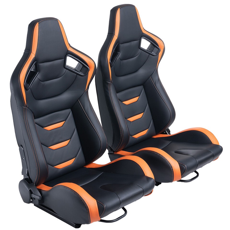 1 Pair Orange Racing Seats PU Leather Reclinable Sport Bucket 2 Seat W ...