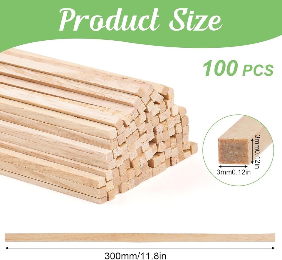 Balsa Wood Sticks, 100 PCS Square Wooden Sticks for Craft, Natural Wood ...