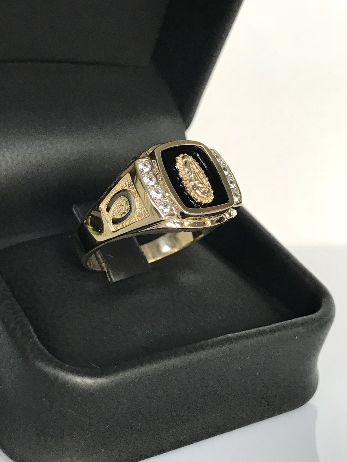 Men's 14k Solid Yellow Gold Virgin Mary Bold Guadalupe Ring Onyx & Cz ...