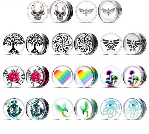 Pair of Clear Acrylic Heart Skull Flower Ear Gauges Ear Tunnels Body ...