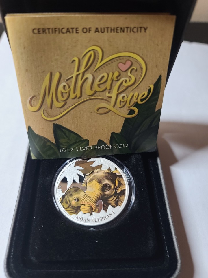 2014 Tuvalu 50C Mother Love Elephant & her Calf 1/2oz Silver Proof Coin ...