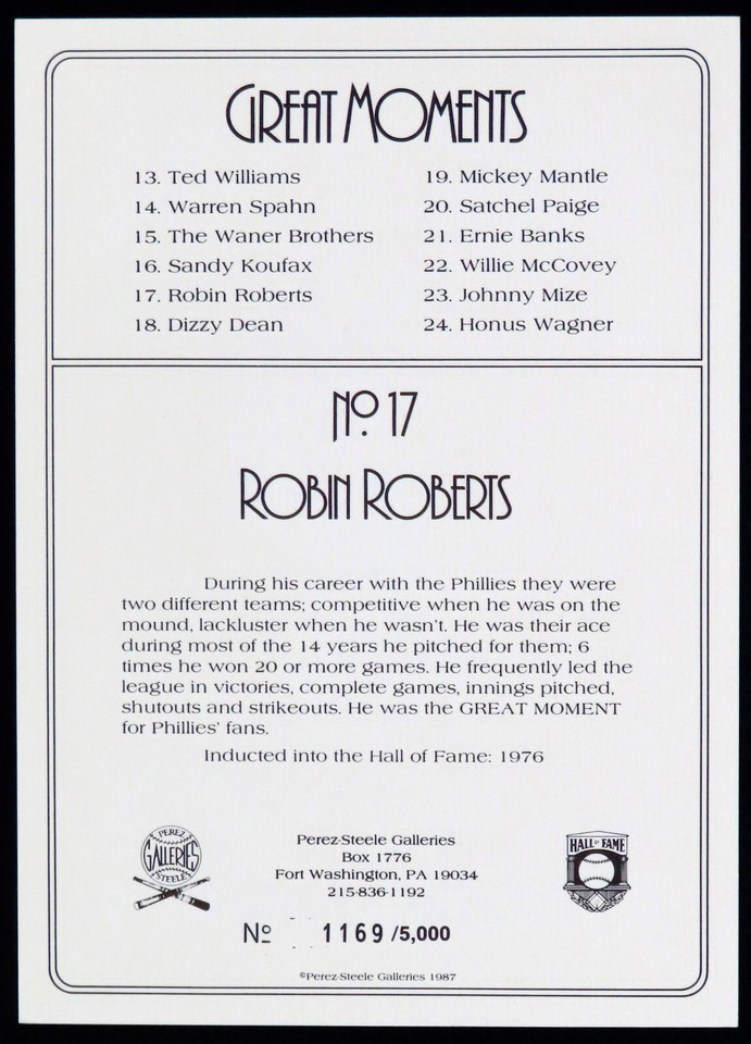 Robin Roberts Signed Autograph Perez Steele Great Moments Phillies d ...