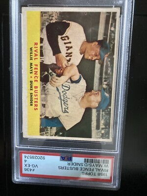 1958 Topps - #436 Rival Fence Busters Willie Mays, Duke Snider. PSA 4 ...