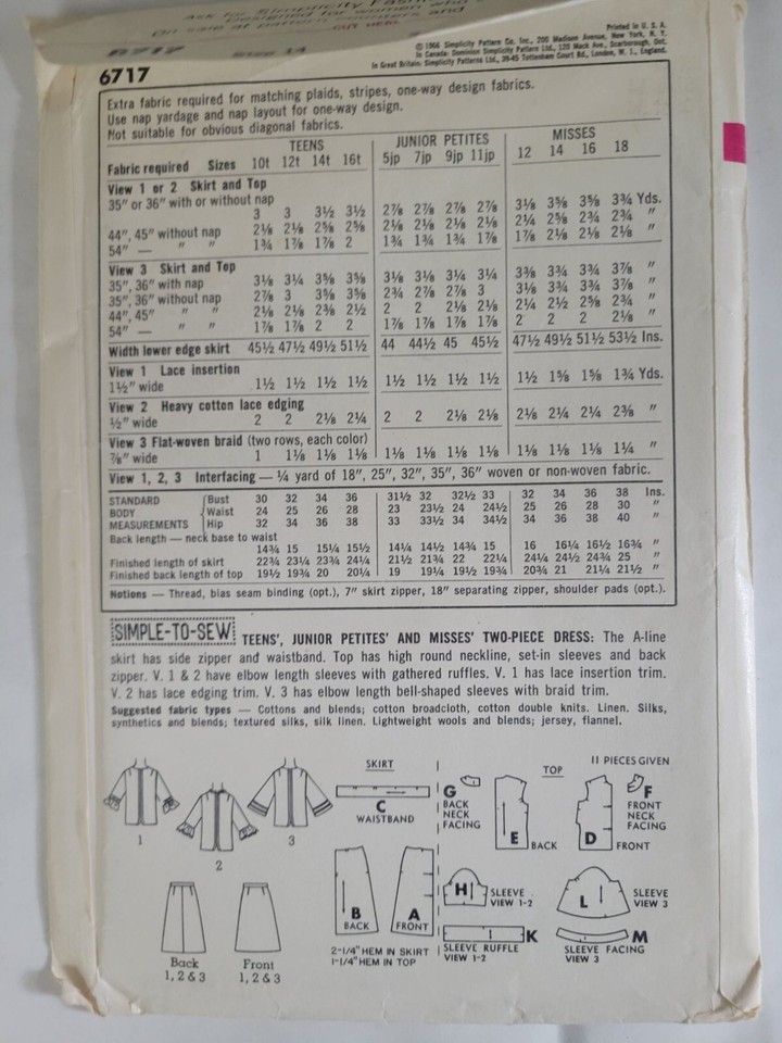 Simplicity 6717 Vintage Sewing Pattern Misses Skirt Top Size 14 Bust 34 ...