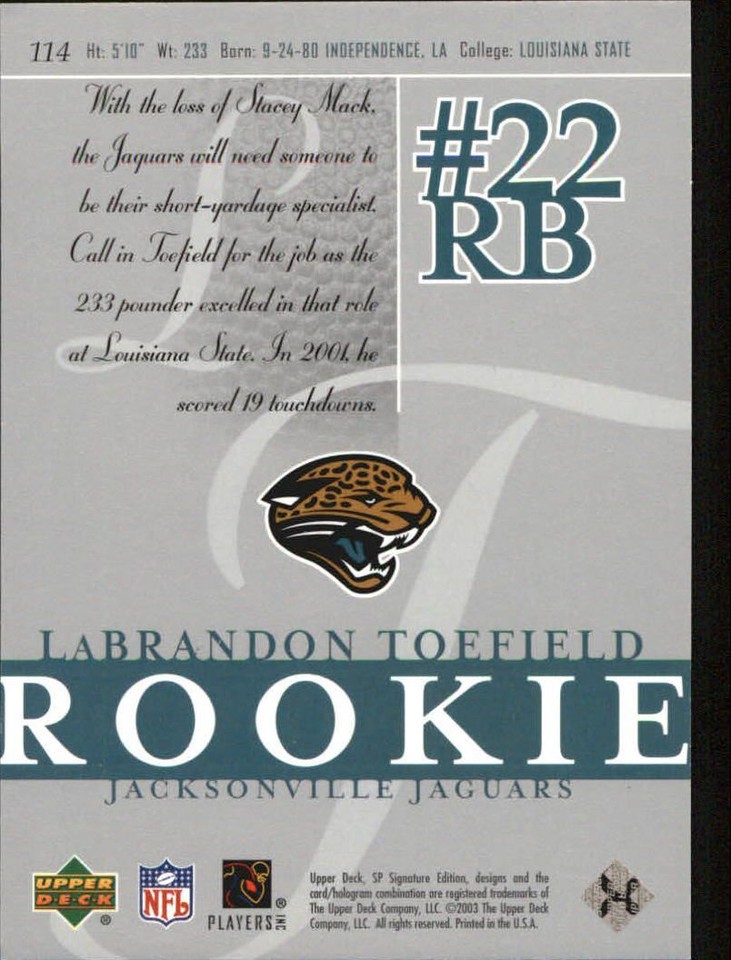 2003 SP Signature #114 LaBrandon Toefield RC /750 - NM-MT | eBay