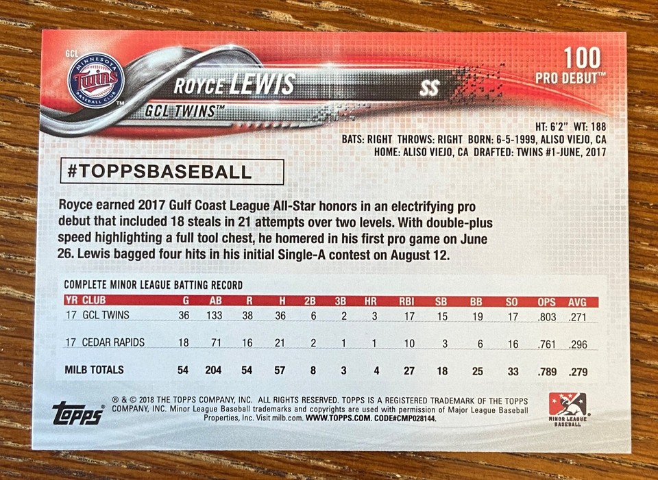 2018 TOPPS PRO DEBUT BASEBALL ROYCE LEWIS ROOKIE CARD #100 MINNESOTA ...