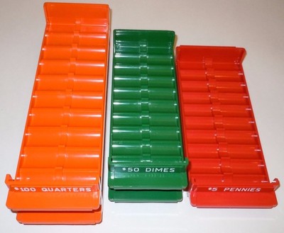 Bank Coin Tray LOT Penny Dime Quarter Banker Roll Holder Storage $5 $50 ...