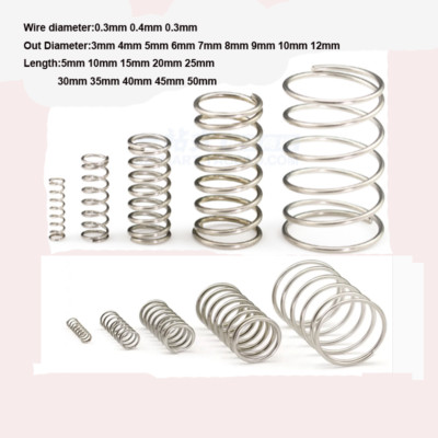 10Pcs 304SS Compression Springs 0.3mm 0.4mm 0.5mm Various Size Spring ...