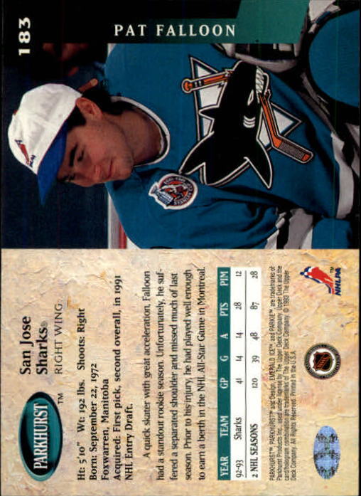 1993-94 Parkhurst Sharks Hockey Card #183 Pat Falloon | eBay