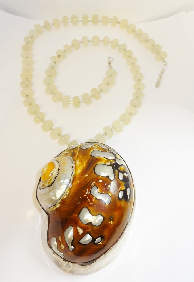 Gorgeous Large Sterling Silver Cased Shell Pendant Quartz Melon Beaded ...