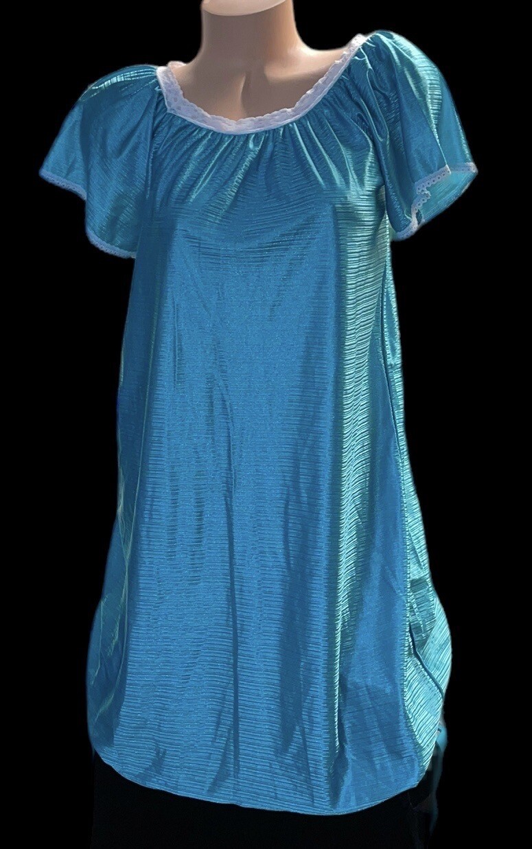 Private Moments Vintage Blue Shiny Satin Nylon Nightg… - Gem