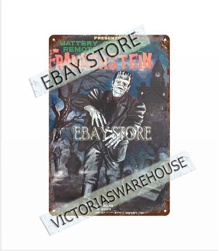 1963 FRANKENSTEIN MARX REMOTE CONTROL BATTERY TOY metal tin sign office ...