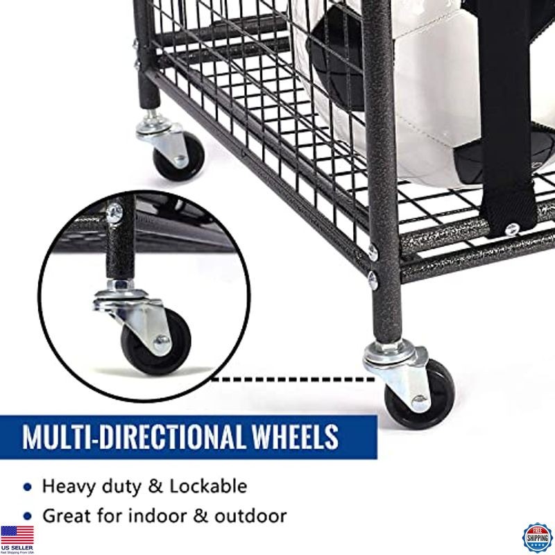 Rolling Sports Ball Storage Cart, Lockable Ball Locker with Elastic ...