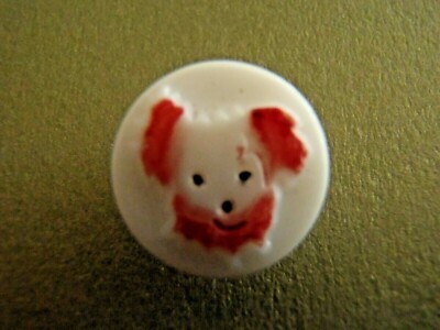 Vintage Glass Dog button white red trim 14mm shanked collect sew craft ...