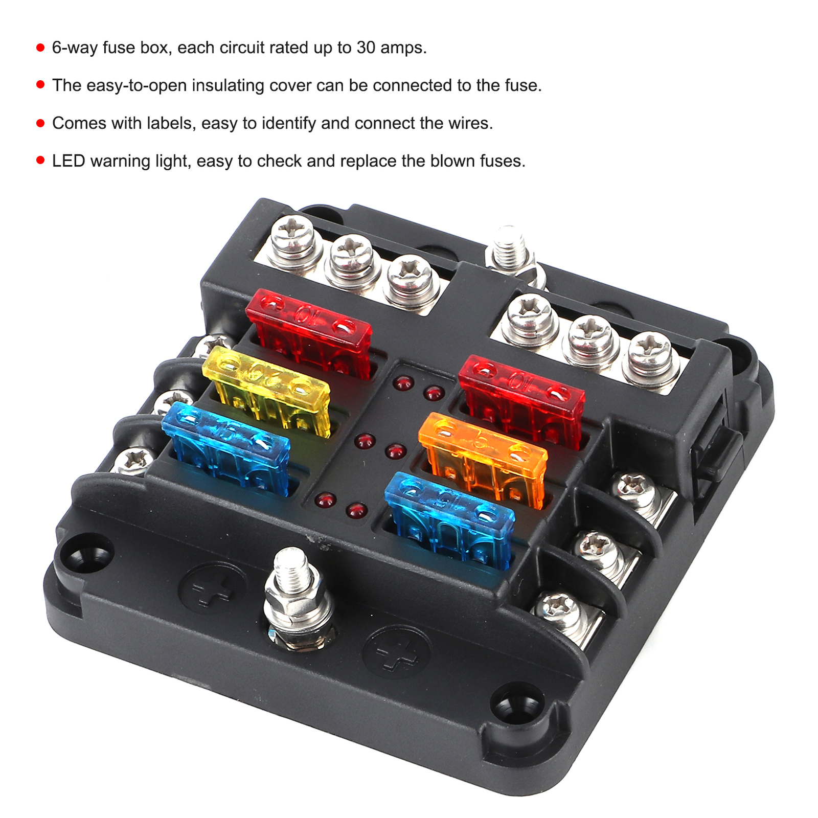 6-Way Fuse Box Blade Fuse Block Holder with LED Indicator Light for ...