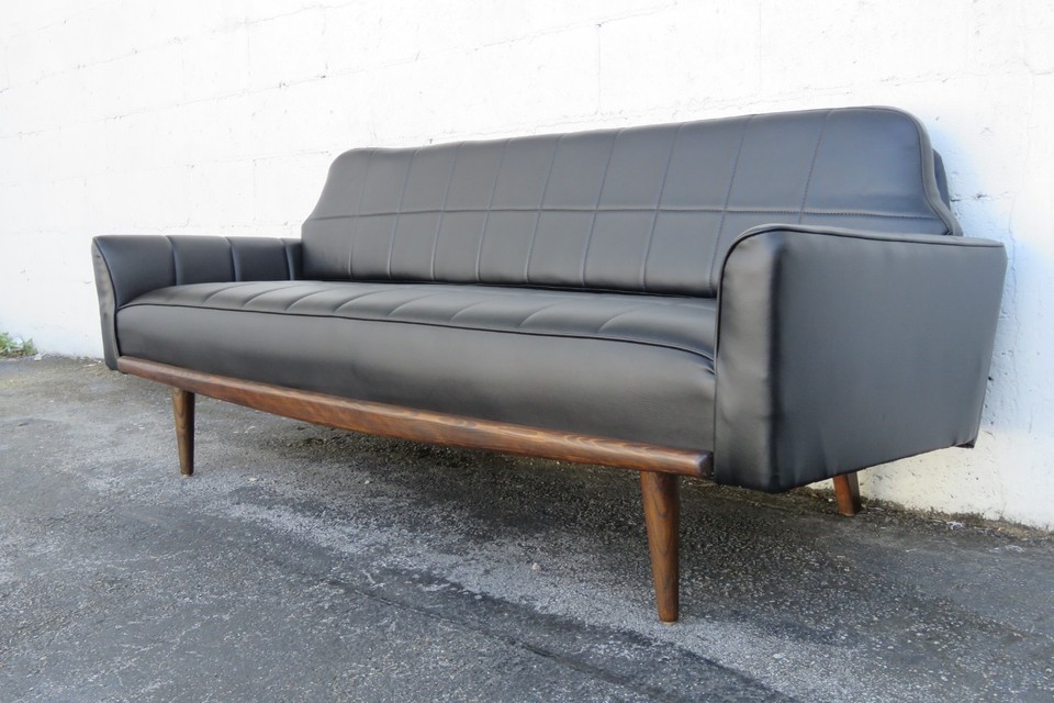 Mid Century Modern Black Vinyl Long Couch Sofa 6267 | eBay