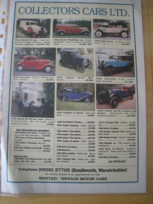 COLLECTORS CARS LTD CAR STOCK LIST FORD MODEL CHRYSL 1990 ADVERT A4 ...