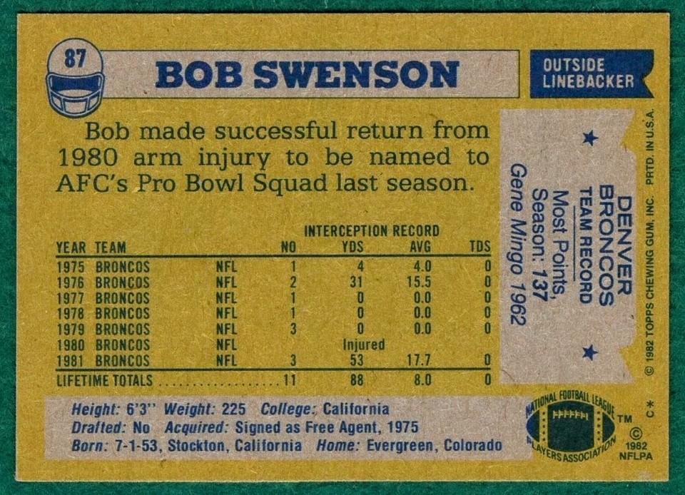 Bob Swenson - 1982 Topps #87 - Denver Broncos Football Card | eBay